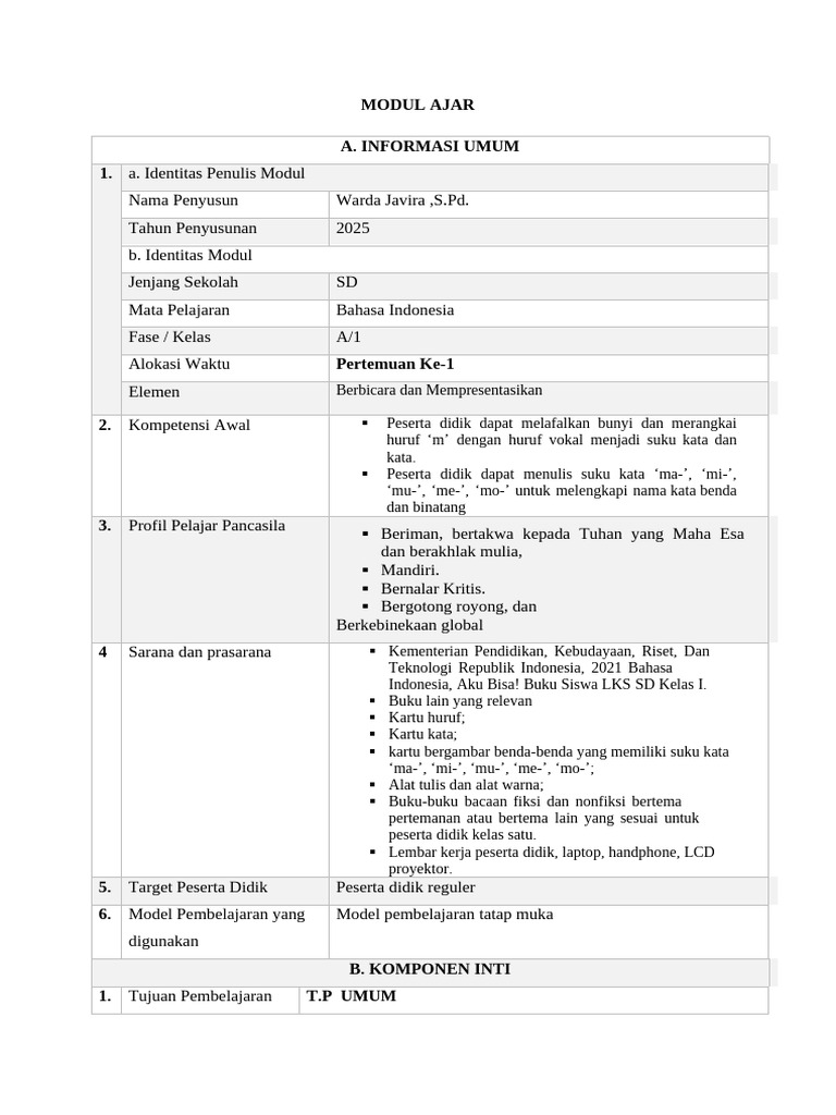 MODUL AJAR BINDO KELAS 1 BAB 2 | PDF