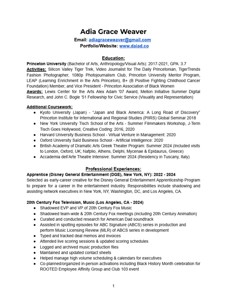 Adia Grace Weaver CV - Resume - January 2025 | PDF