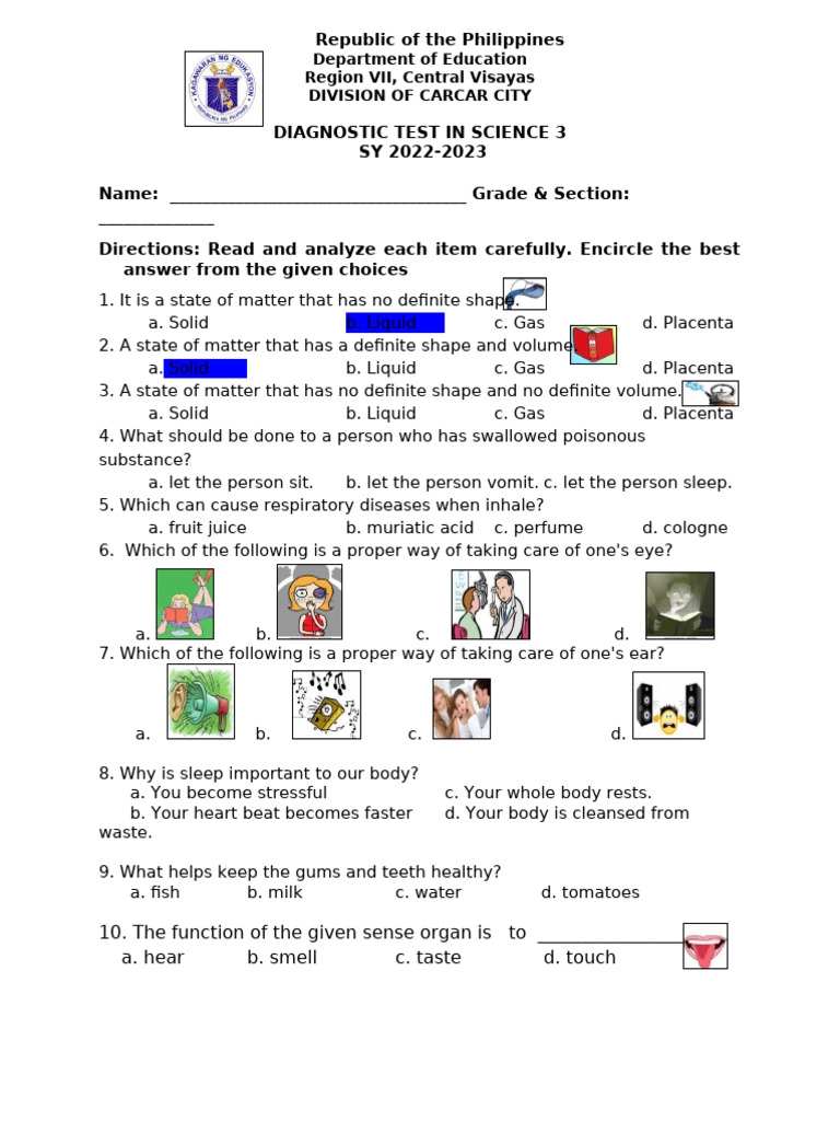 Diagnostic Test for Grade 3 Science | PDF