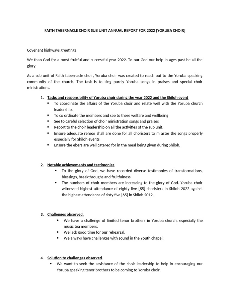 Yoruba Choir Unit Report | PDF | Choir