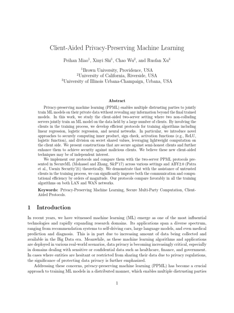 Client Aided Privacy Preserving Machine Learning | PDF | Machine Learning | Applied Mathematics