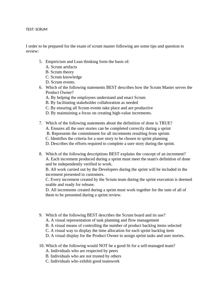 Scrum Master Exam Tips and Questions | PDF | Scrum (Software ...