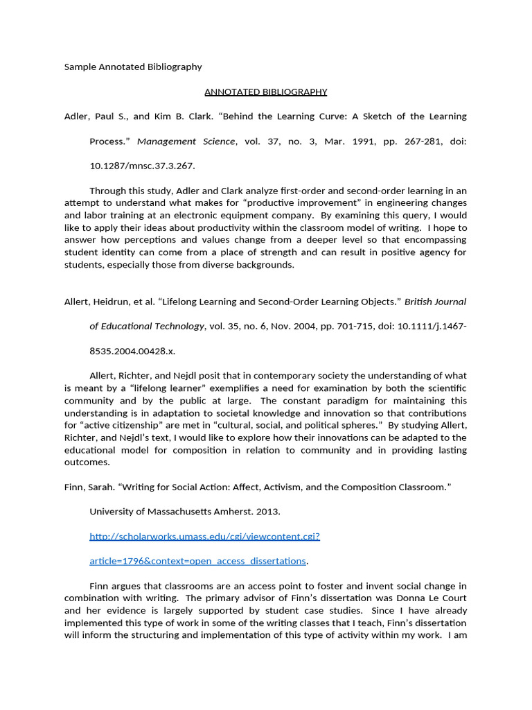 Annotated Bibliography Sample-3 | PDF | Learning | Service Learning