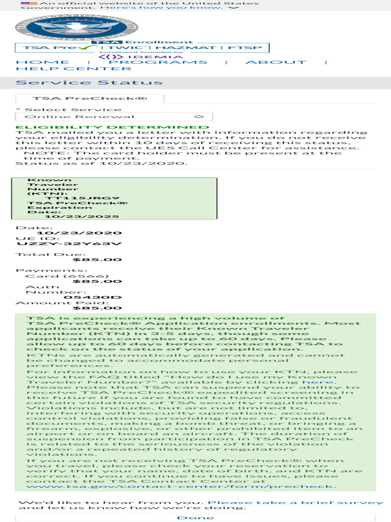 TSA PreCheck® Application Status Guide | PDF