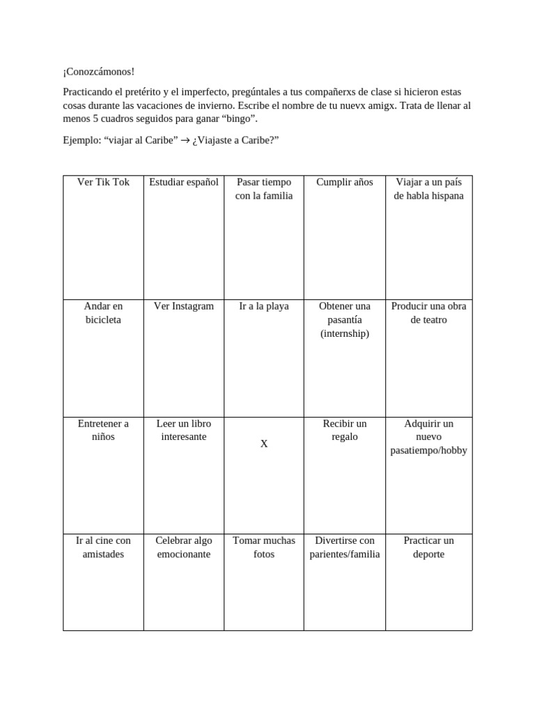Bingo de Vacaciones: Practica Pretérito e Imperfecto | PDF