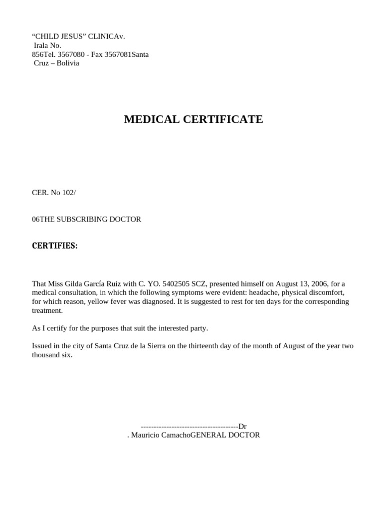 Medical Certificate Model | PDF