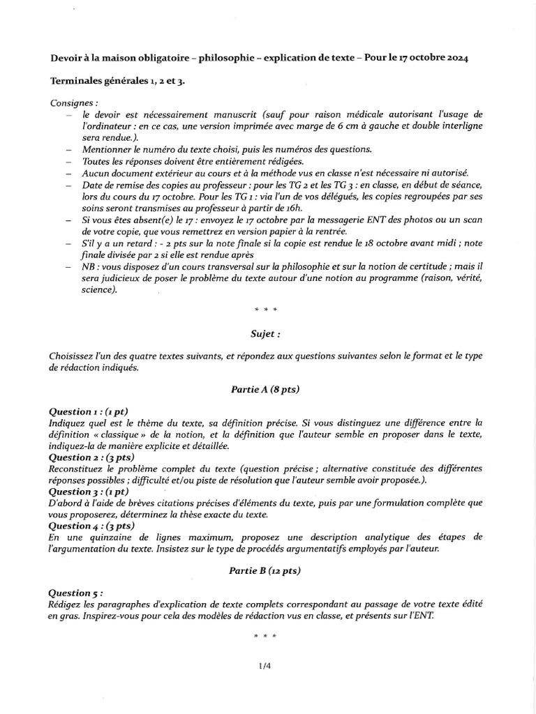 Correction DM 01 - Explication de Texte - Vérité - Science - Raison | PDF