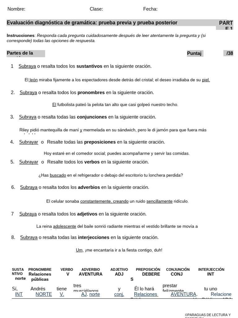 Copia de Copia de Evaluación Diagnóstica de Gramática - Pre-Prueba y ...