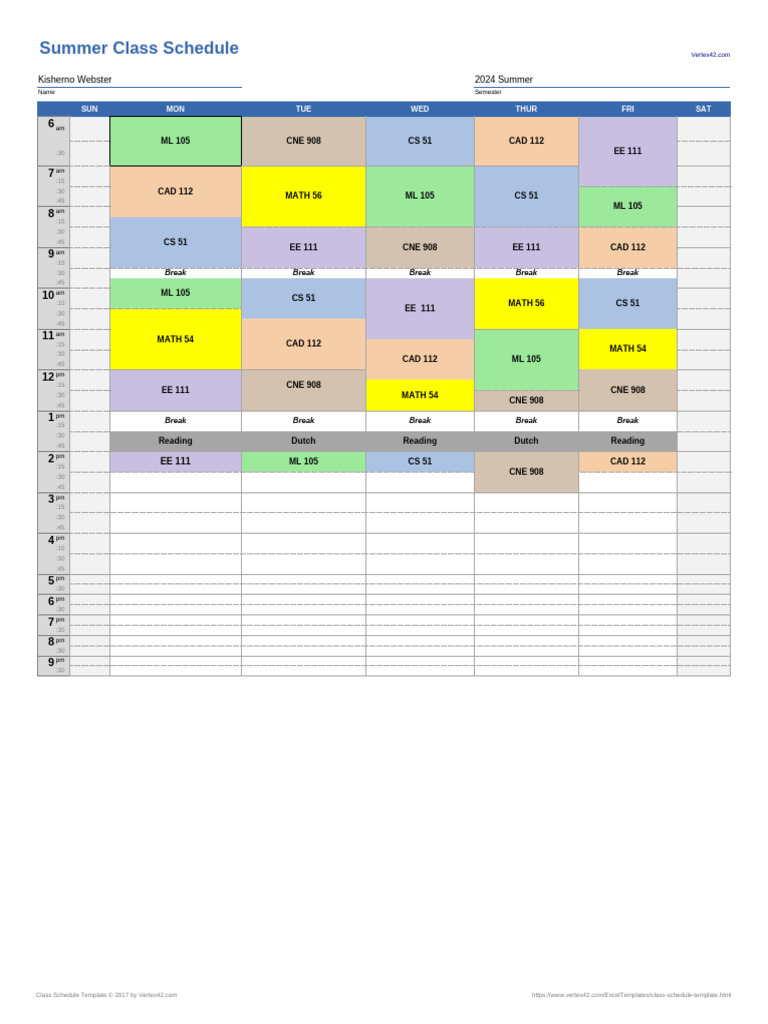 2024 Summer Class Schedule Template | PDF