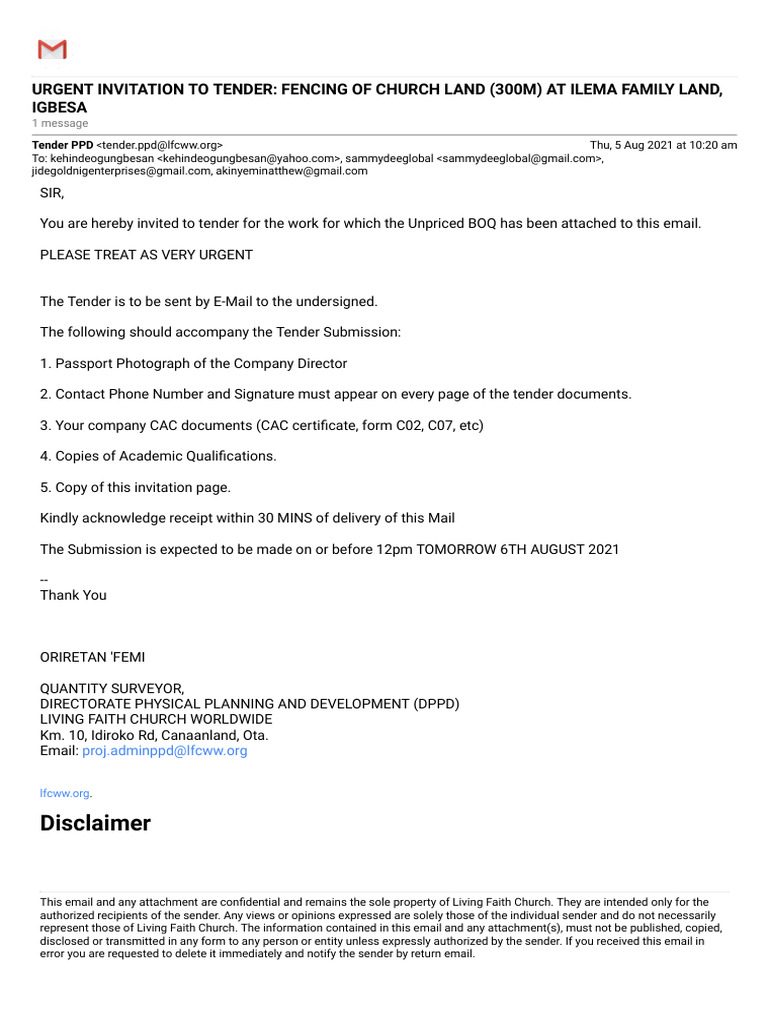 Gmail - URGENT INVITATION TO TENDER - FENCING OF CHURCH LAND (300M) AT ...