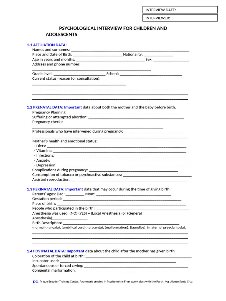 Psychological Anamnesis For Children and Adolescents | PDF | Pregnancy ...