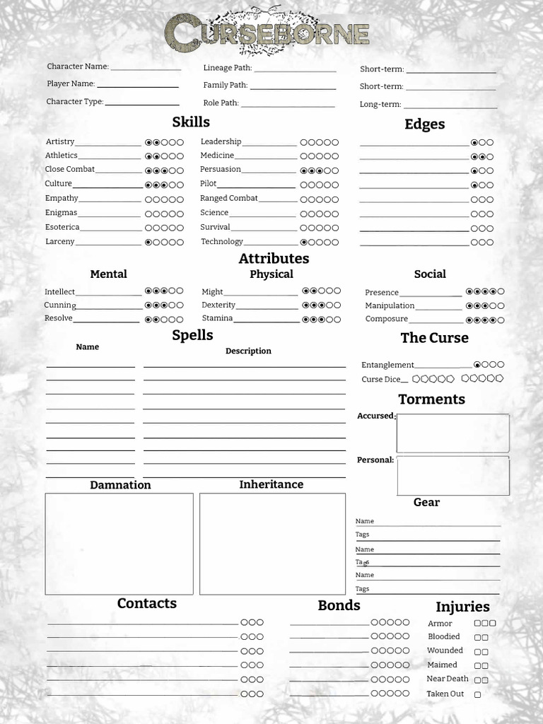 Curseborne Character Sheet Template | PDF | Gaming