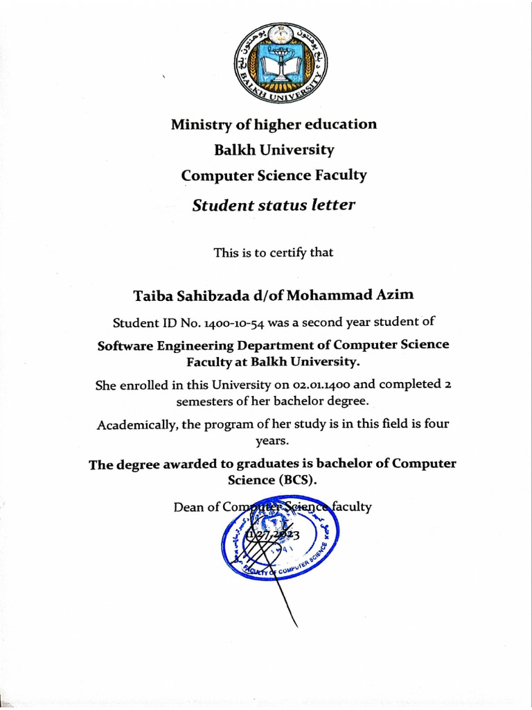 Balkh College Student Status Latter | PDF