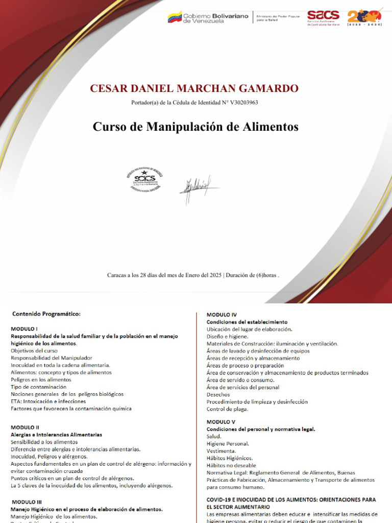 Certificado Curso de Manipulacion de Alimentos Julian Marcano | PDF