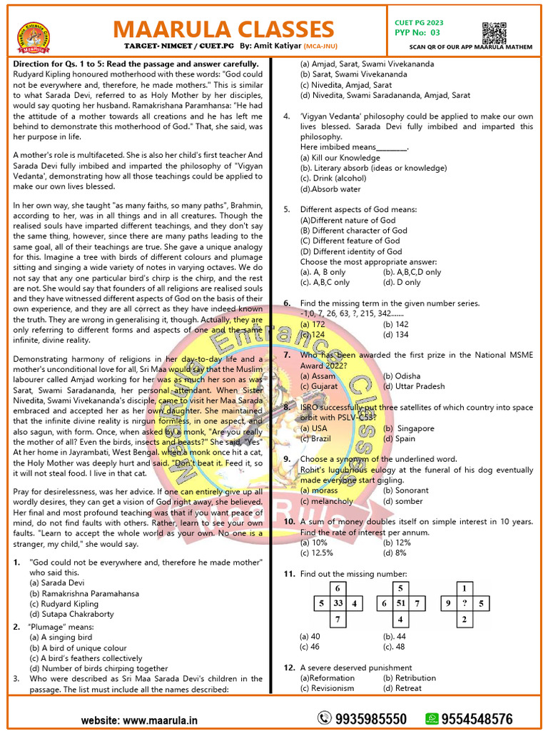 Cuet PG 2023 With Solution | PDF | Sarada Devi