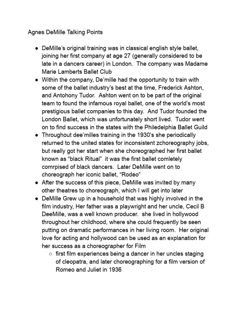 Agnes DeMille Talking Points | PDF | Dances | Ballet