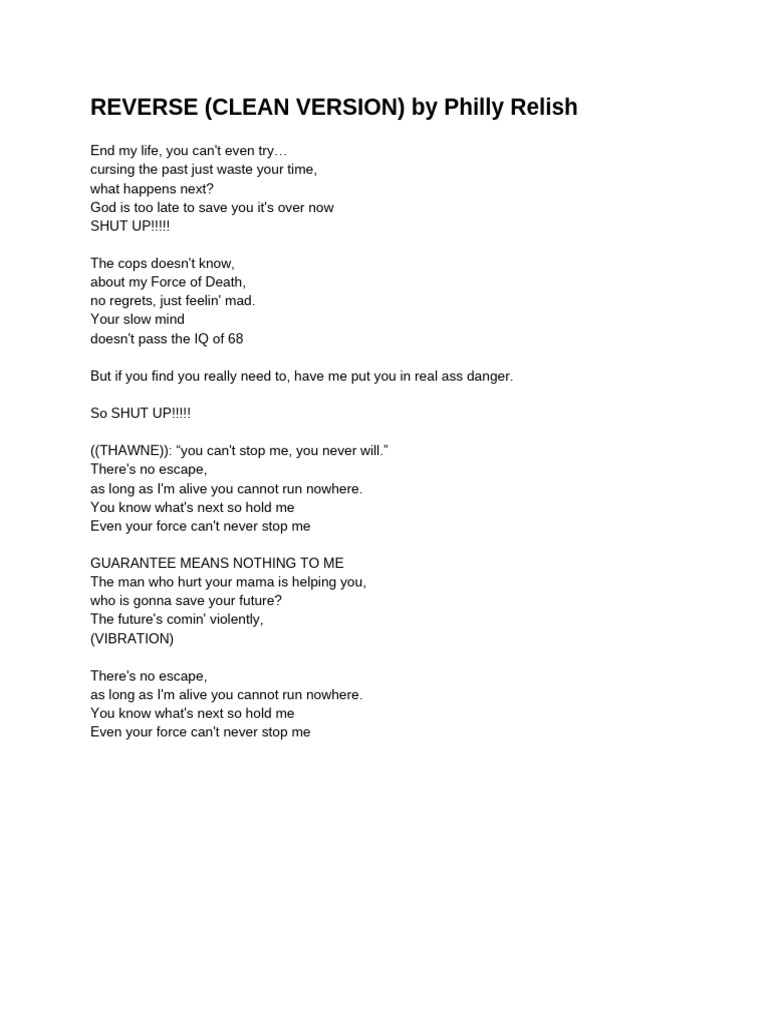 "Philly Relish: Reverse (Clean Version) Lyrics" | PDF