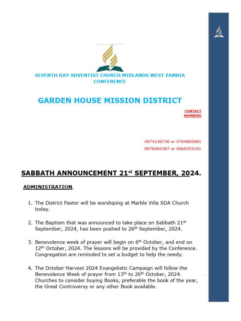 Midlands West Zambia SDA Church Announcements | PDF | Seventh Day ...