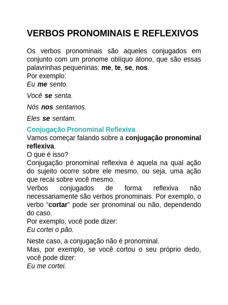 Verbos Pronominais e Reflexivos Explicados | PDF | Assunto (gramática ...