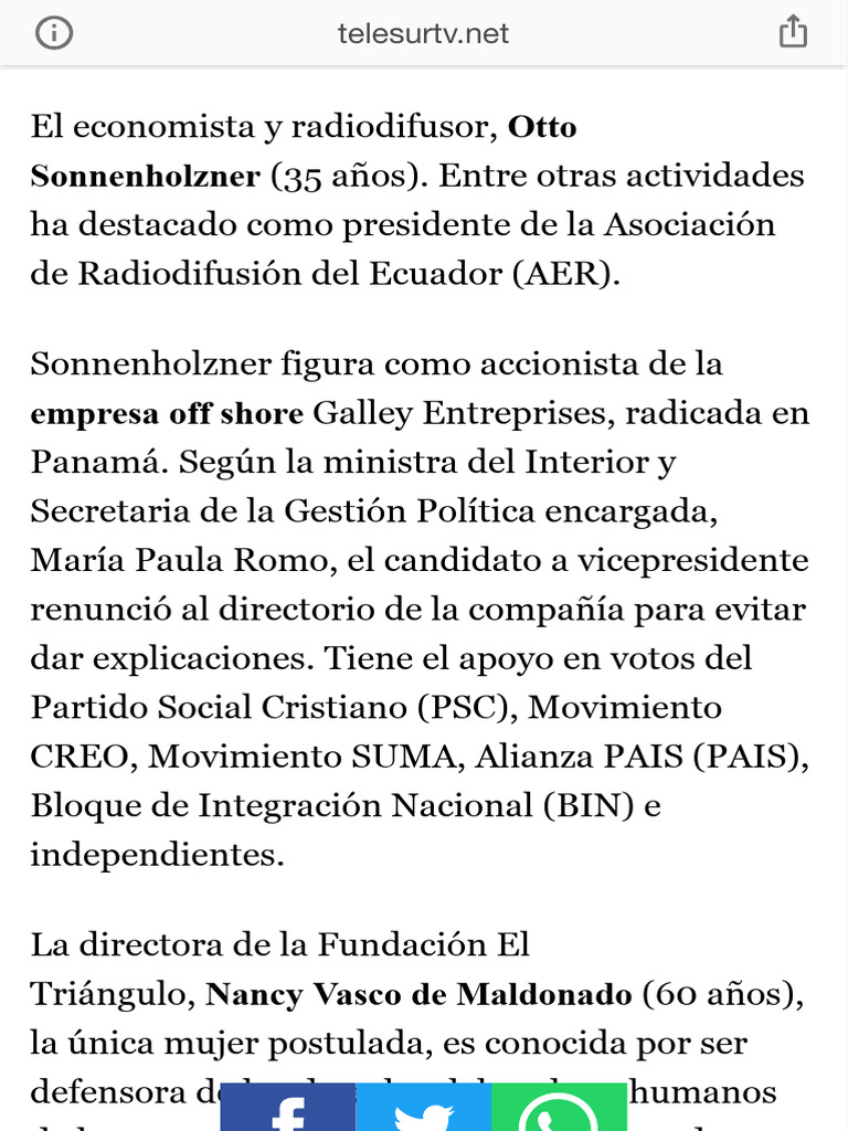 ¿Quiénes son los candidatos a la Vicepresidencia de EcuadorNoticiasteleSUR | PDF