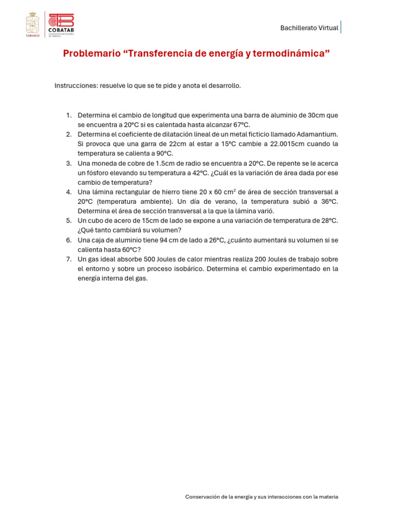 Problemario - Transferencia de Energía y Termodinámica | PDF