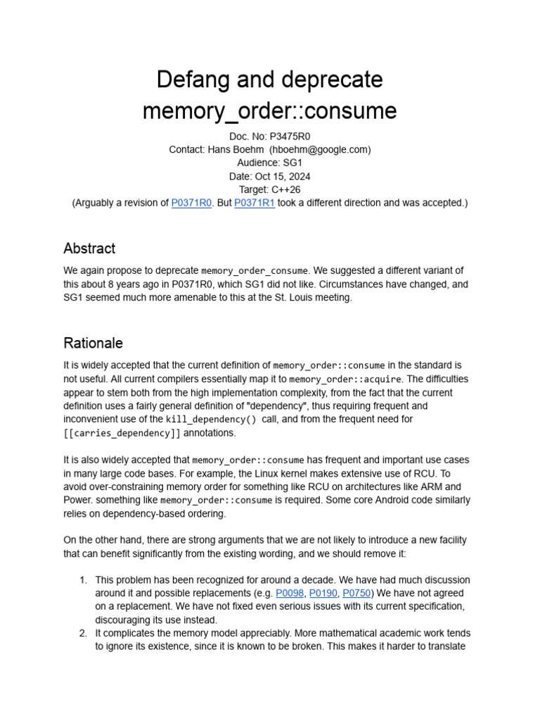 Deprecating memory_order::consume in C++26 | PDF | Computing | Software