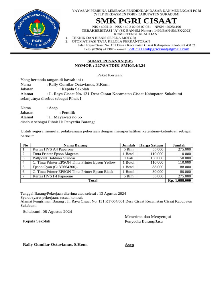 Contoh_Surat_Pesanan_dan_BAST | PDF