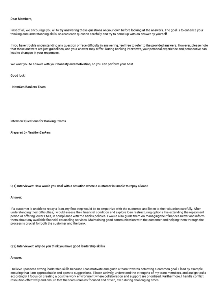 Banking Interview Guide 30 Must-Know Questions and Answers | PDF ...