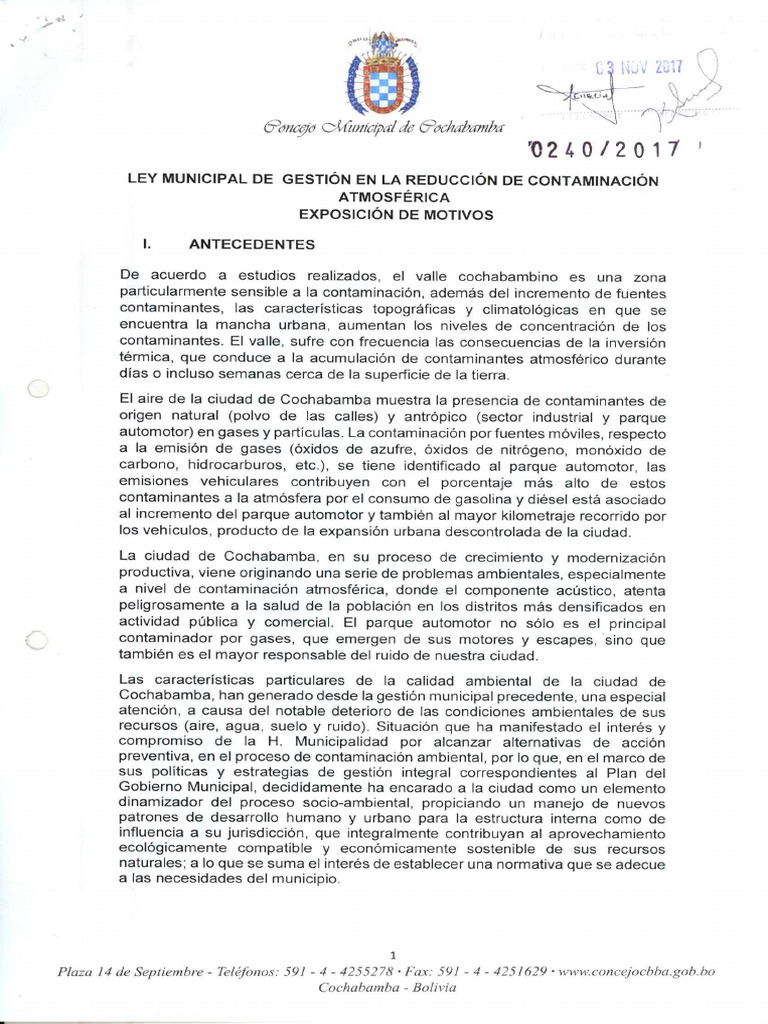 LEY_240_2017 GESTION DE REDUCCION DE LA CONTAMINACION ATMOSFERICA | PDF