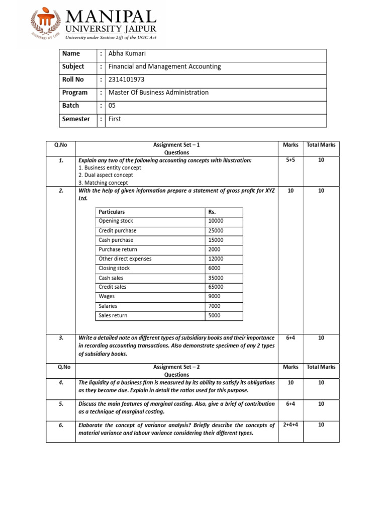 Financial & Management Accounting - Assignment - Set 1 & 2 (20240426 ...