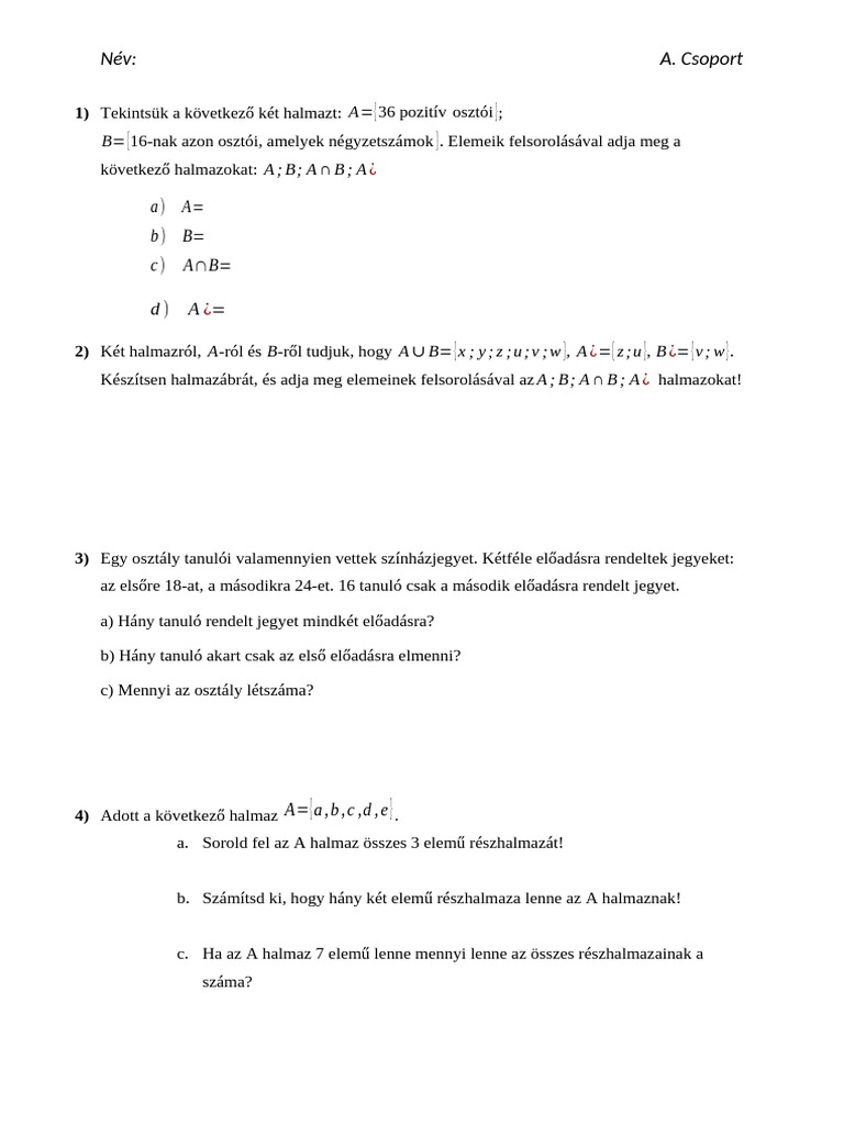 Halmazok Dolgozat | PDF