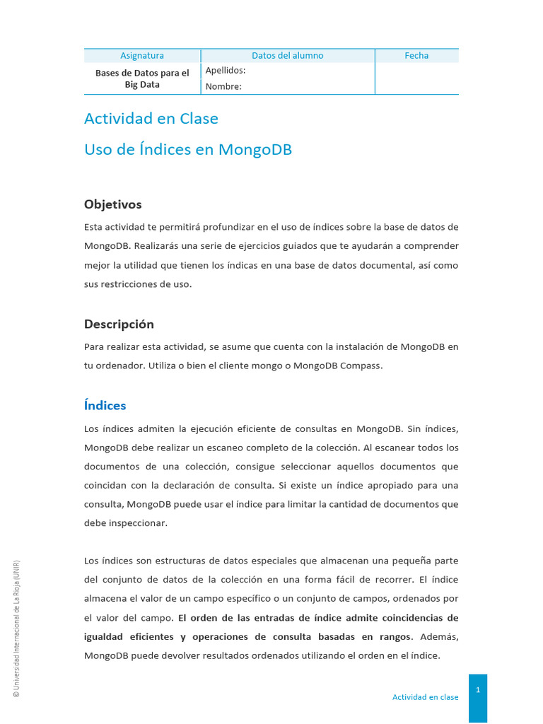 Taller Bases de Datos MongoDB - Indices - v01 | PDF | Mongo Db | Bases de datos