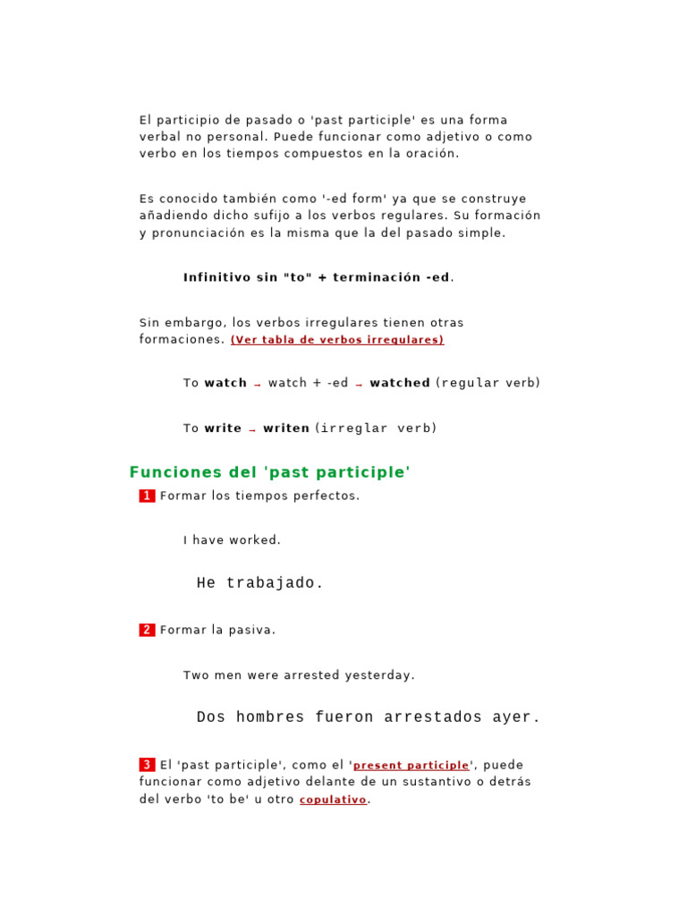 El Participio de Pasado o | PDF | Verbo | Adjetivo