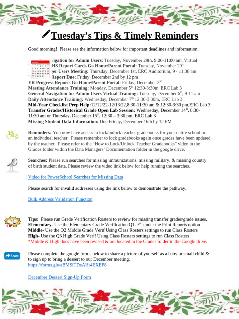 Tuesday Tips and Timely Reminders 11-29-22 | PDF