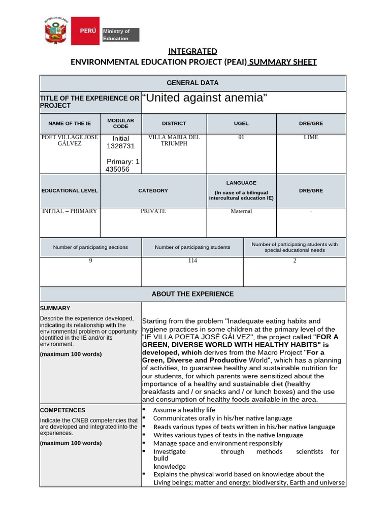 Summary Sheet of The Integrated Environmental Educational Project | PDF ...