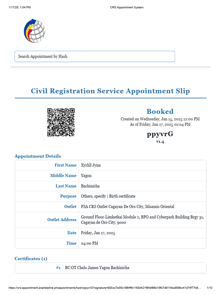 CRS Appointment System | PDF