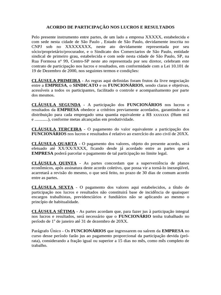 Acordo de Participação nos Lucros e Resultados | PDF | Sindicato