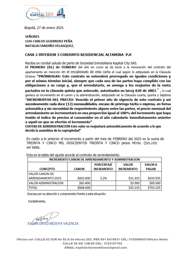 Carta Incremento 2025 | PDF