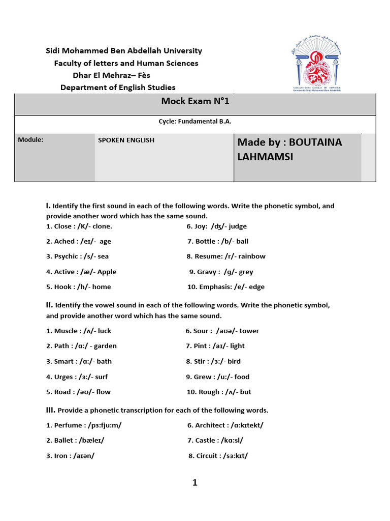 Mock Exam 1 - Spoken English Corr | PDF | Phonology | Linguistics