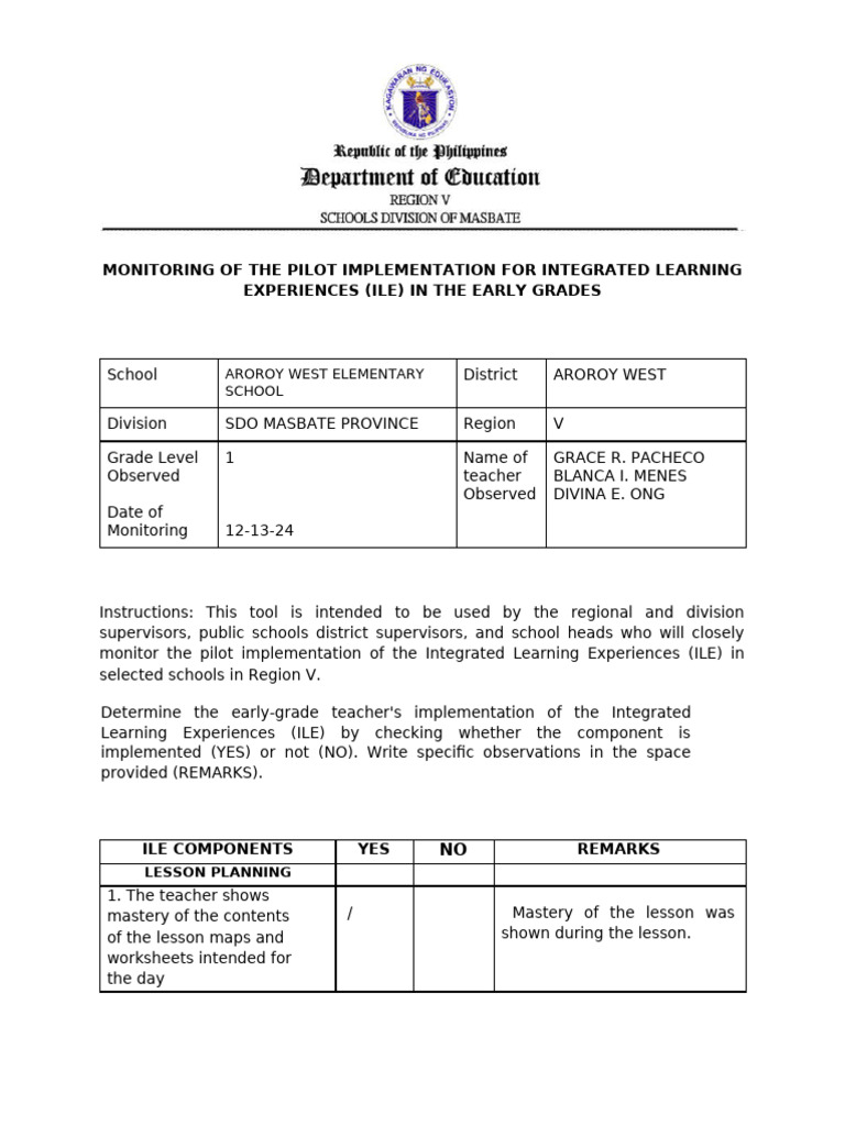Early Grades ILE Pilot Monitoring | PDF | Procedural Knowledge | Learning
