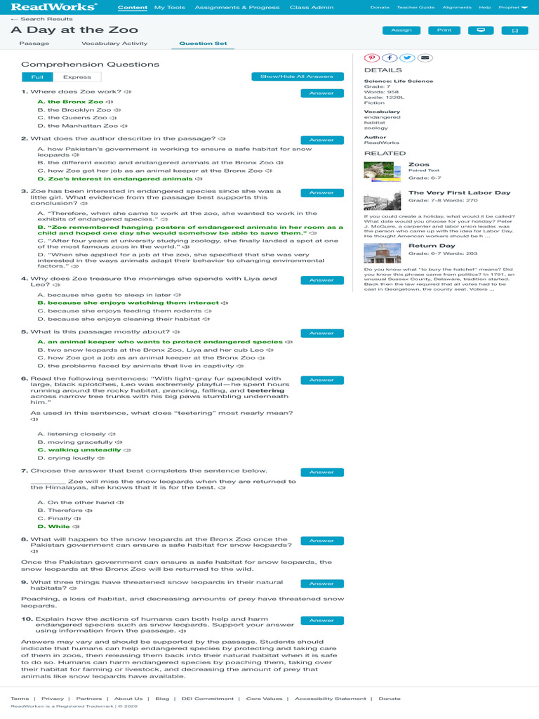 A Day at The Zoo, Seventh Grade Reading Passage | PDF | Zoo | Leopard