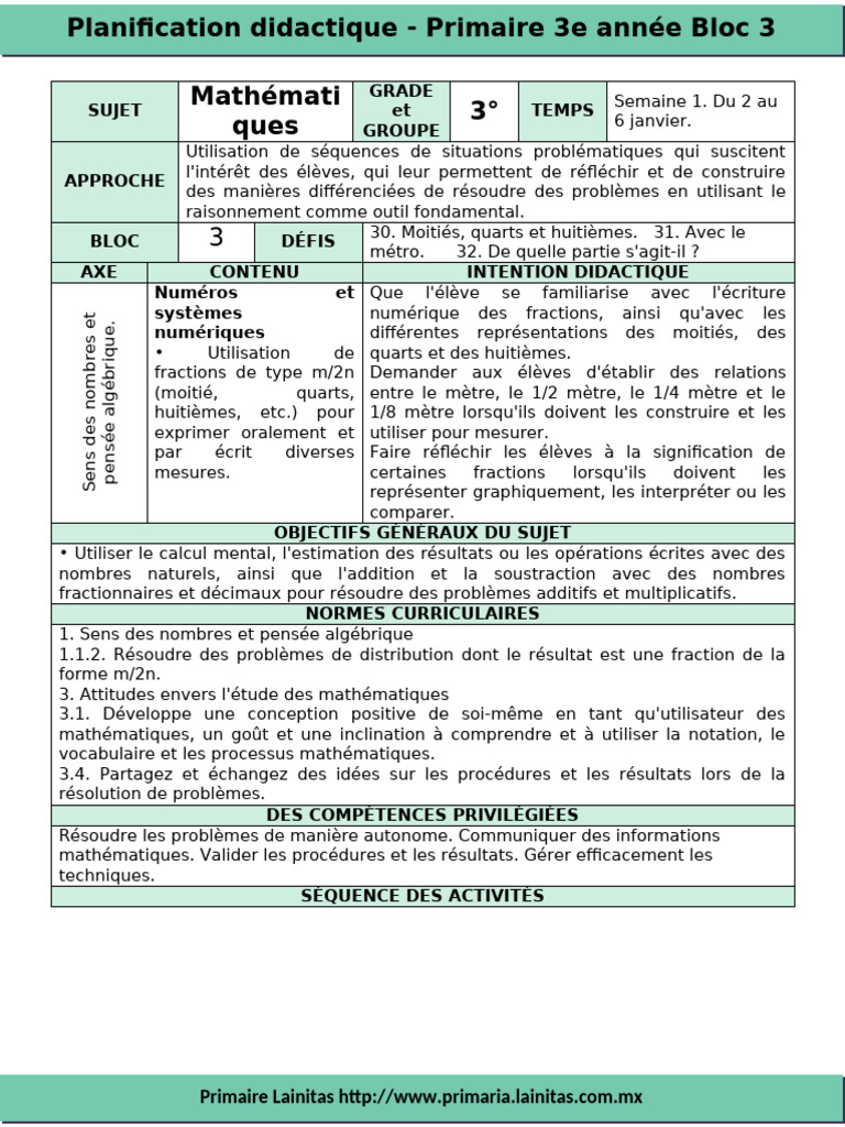Planification mathématique 3e année | PDF | Mathématiques | Nombre