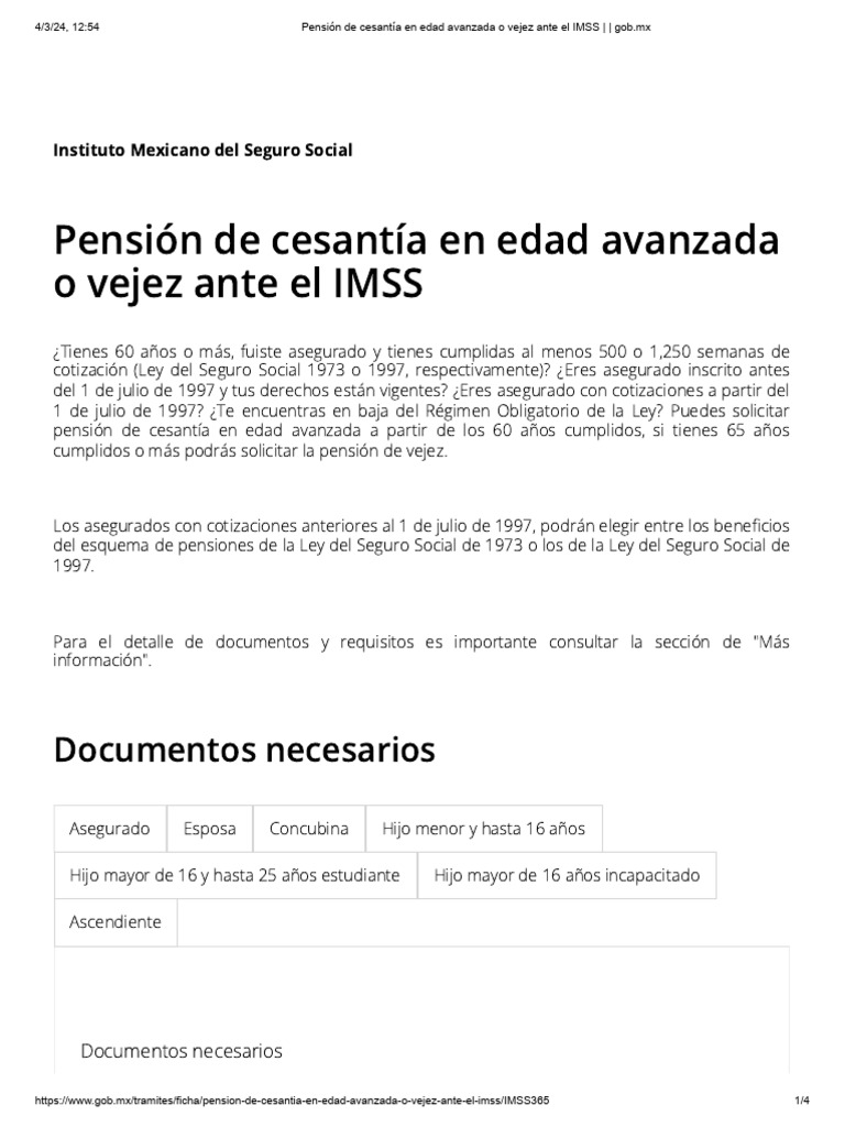 Pensión de cesantía en edad avanzada o vejez ante el IMSS _ _ gob.mx | PDF | Pensión