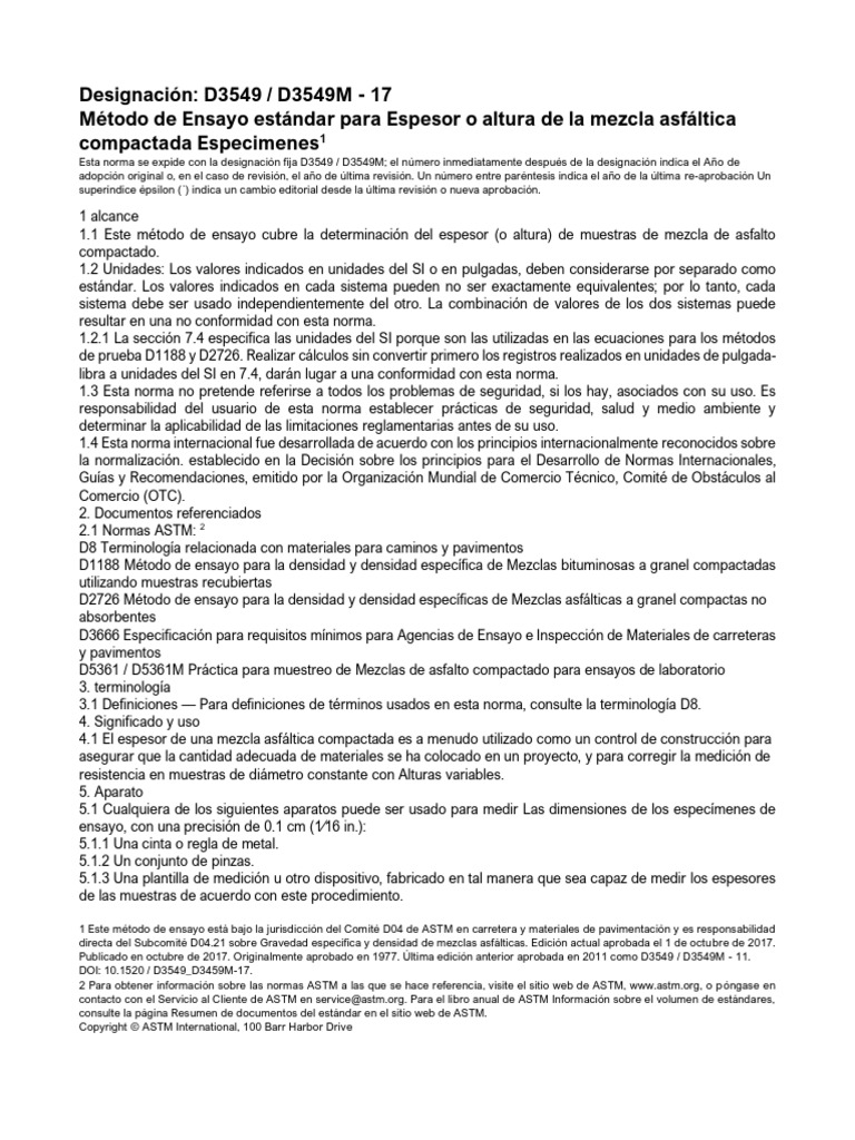 Método ASTM D3549: Espesor Asfalto | PDF | Medición | Laboratorios