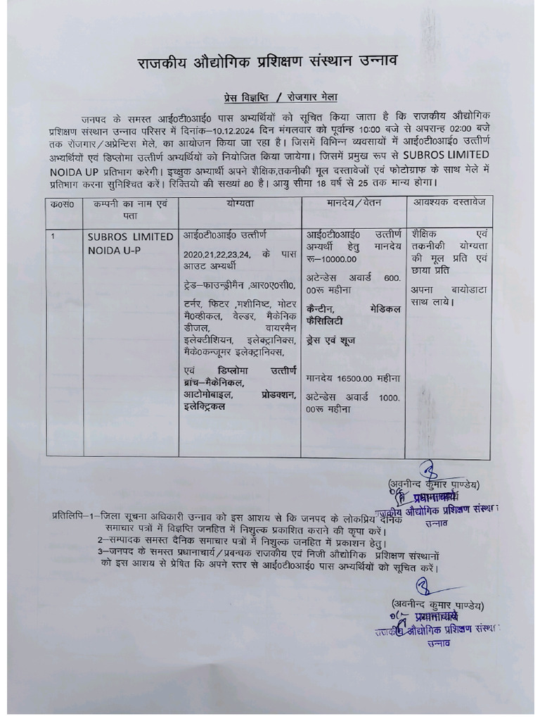 Subros limited Noida apprentice | PDF