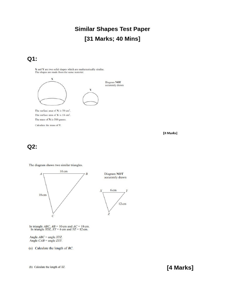 Similar Shapes Test Paper - Y11. | PDF