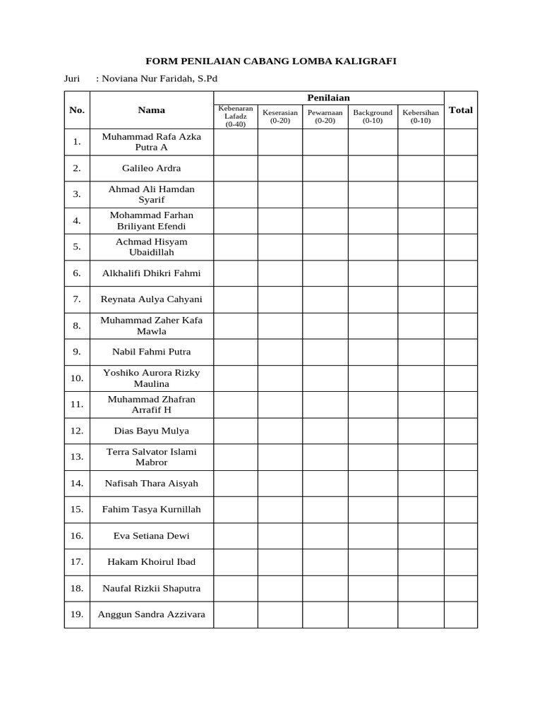 Kaligrafi Competition Evaluation Form | PDF