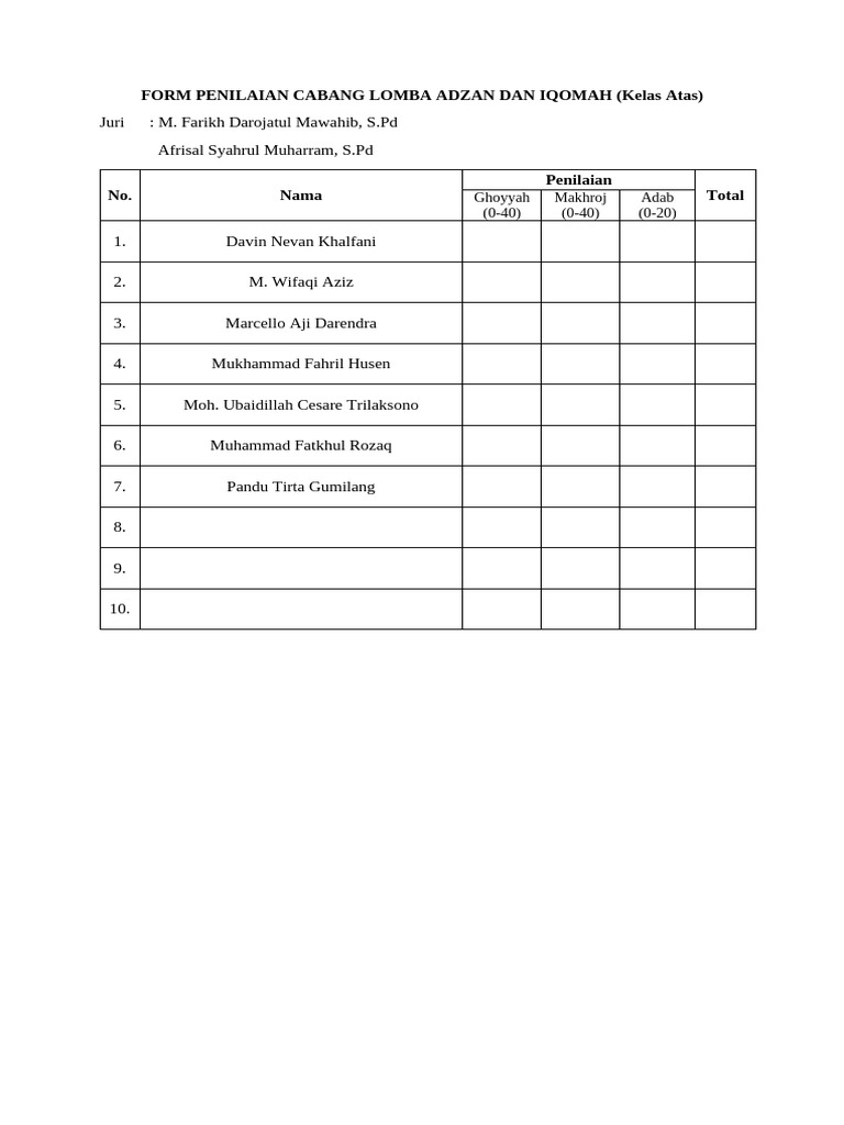 Form Penilaian Lomba Adzan & Iqomah | PDF