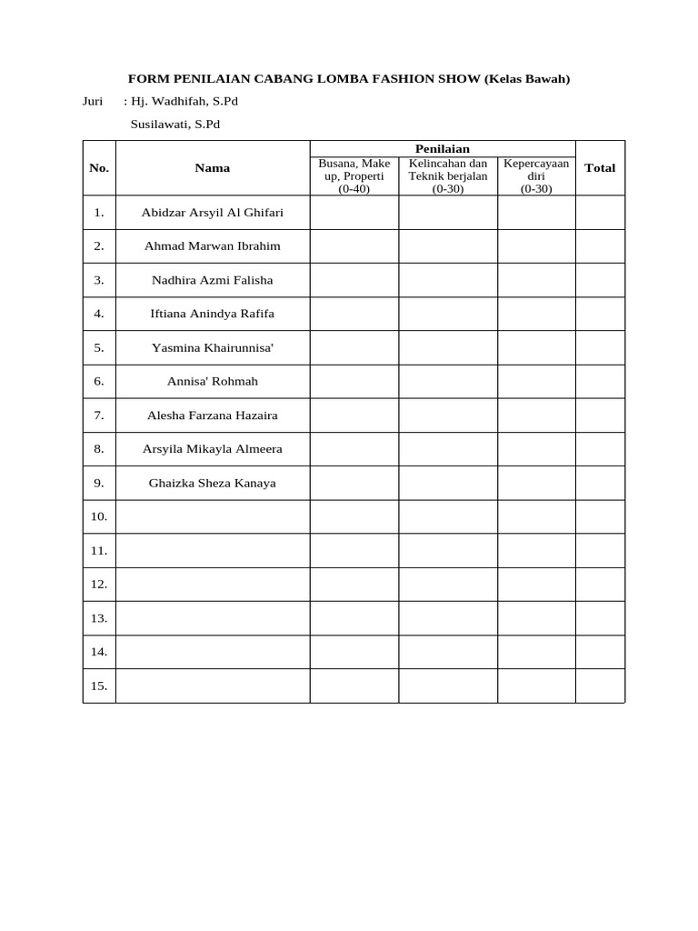 Form Penilaian Cabang Lomba Fashion Show Kelas Bawah | PDF