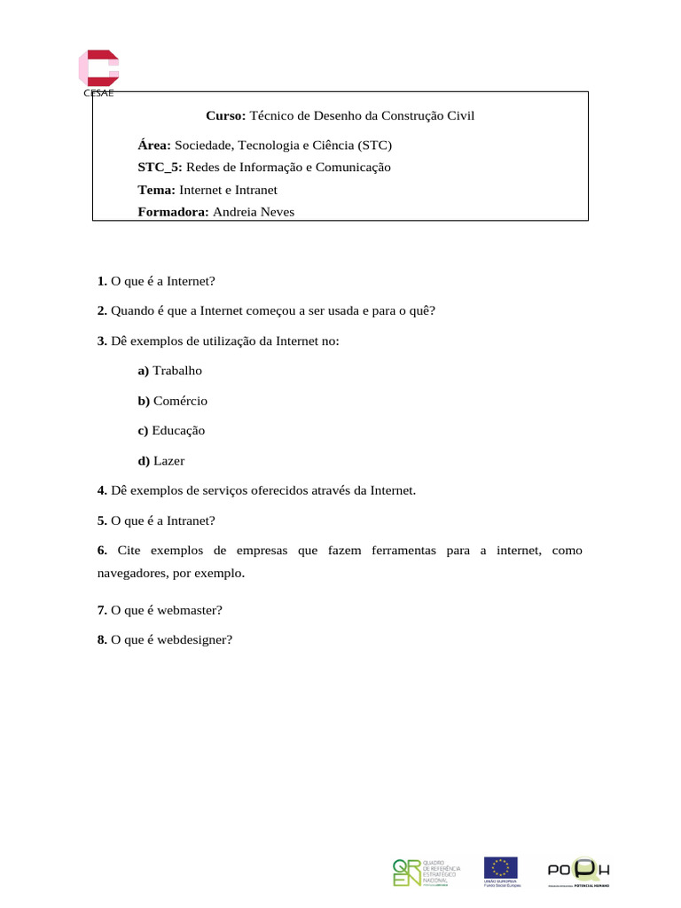 Ficha de Trabalho - Internet e Intranet | PDF